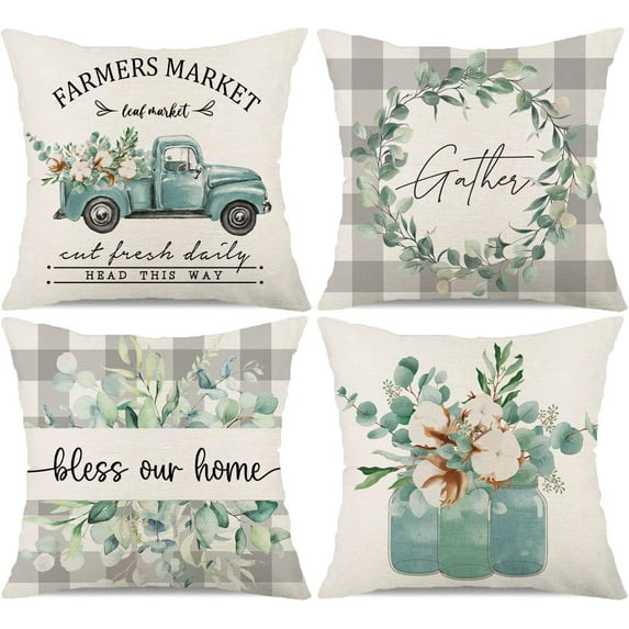 Buffalo Plaid Eucalyptus Leaves Pillow Covers 18x18 Set of 4 Spring ...