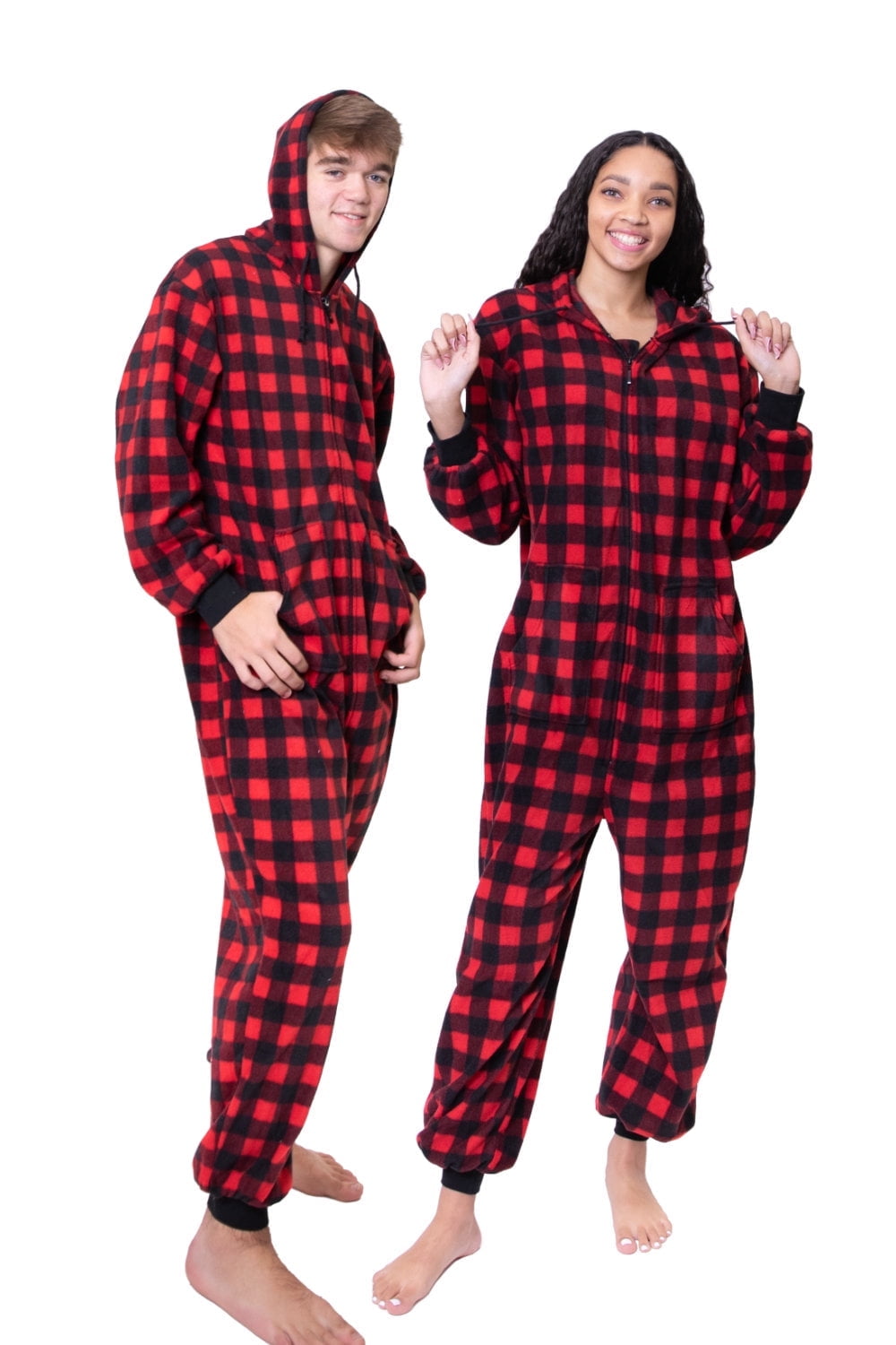 Buffalo Plaid Fleece Hoodie Onesie Pajama with Drop Seat Men & Women ...