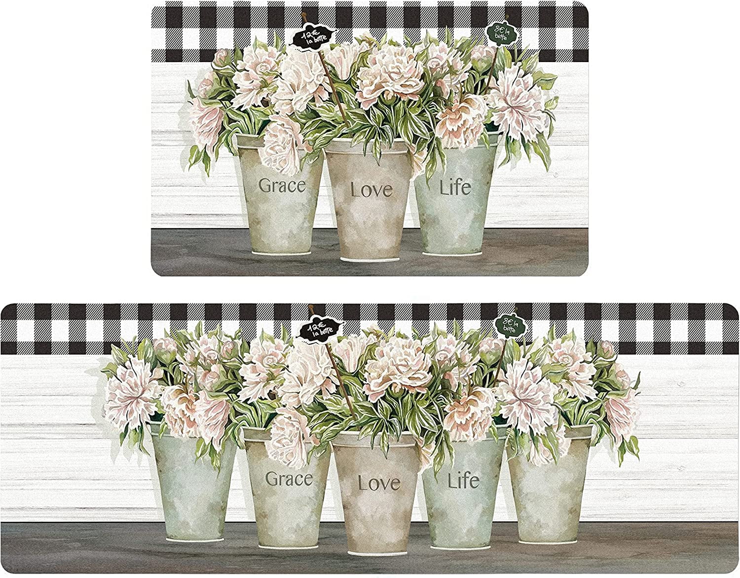 Buffalo Plaid Floral Farmhouse Kitchen Rugs Set 2 Piece Colorful ...