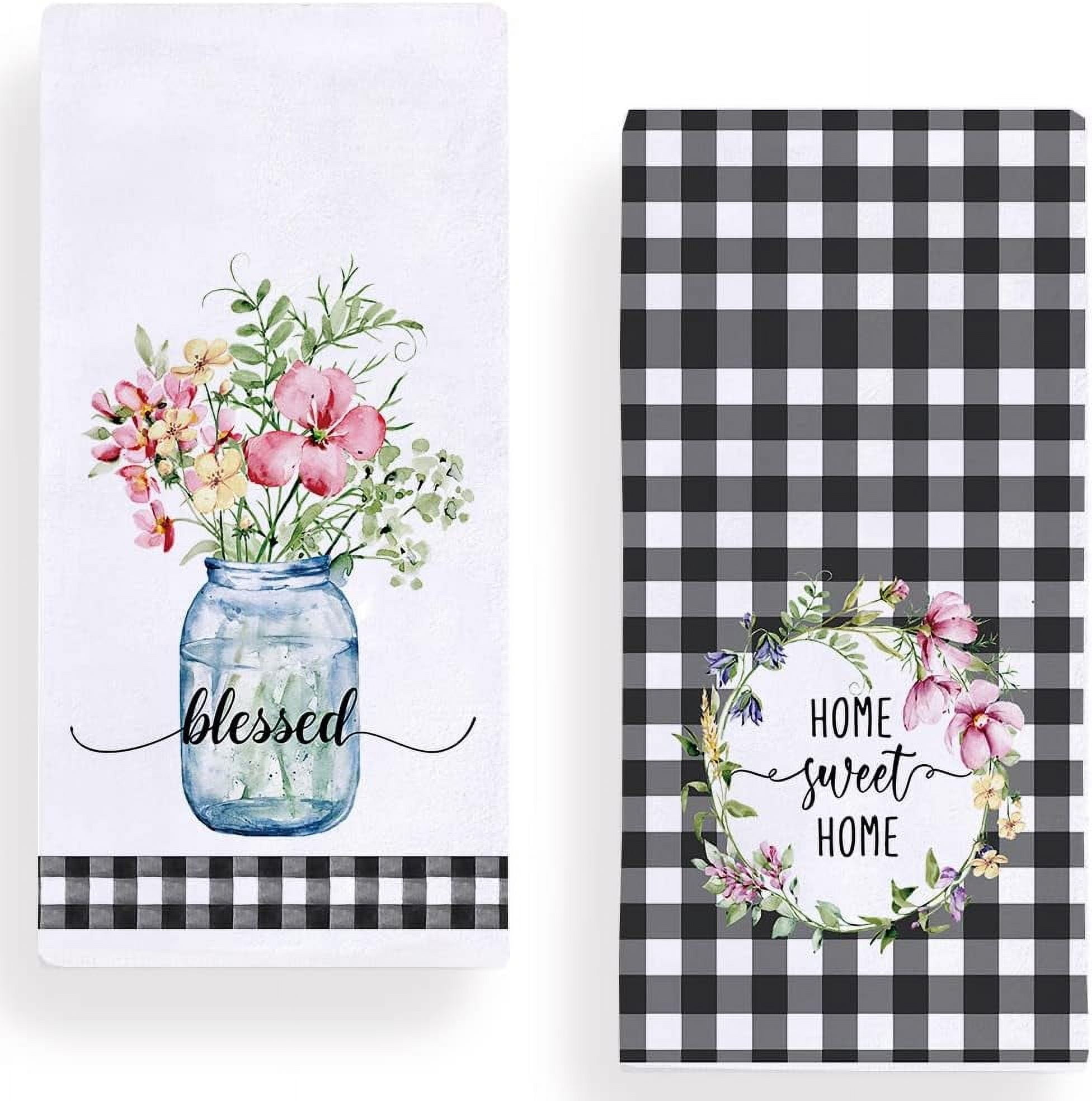 Buffalo Plaid Flowers Kitchen Dish Towels, 18 x 26 Inch Blessed Sweet ...