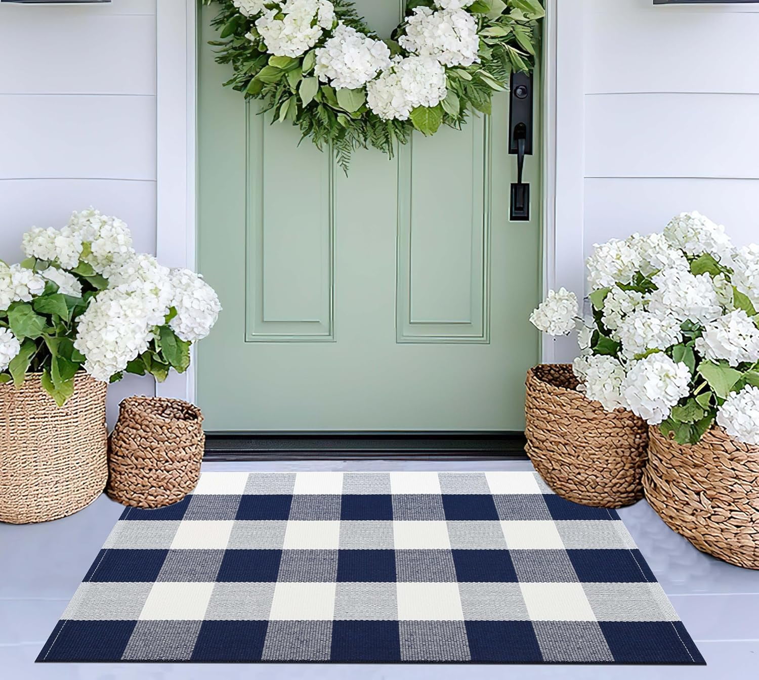 Buffalo Plaid Front Door Mat 24"x35",Blue and White Farmhouse Outdoor ...