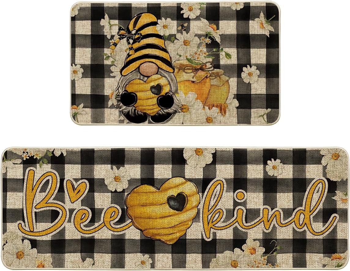 Buffalo Plaid Gnome Bee Kind Honey Summer Kitchen Mats Set of 2, Daisy ...