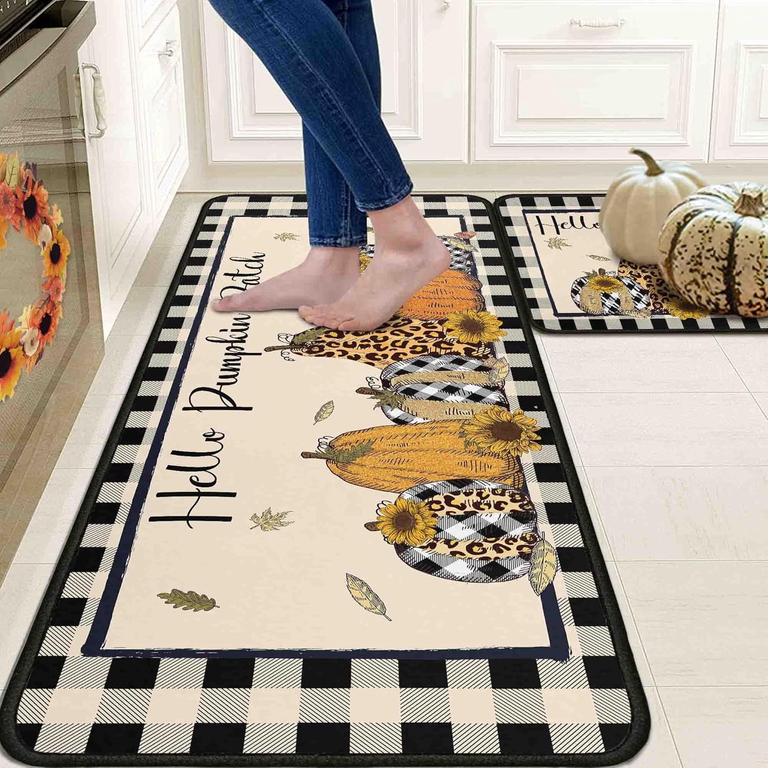 Buffalo Plaid Hello Pumpkin Fall Kitchen Rugs Set of 2, Farmhouse ...