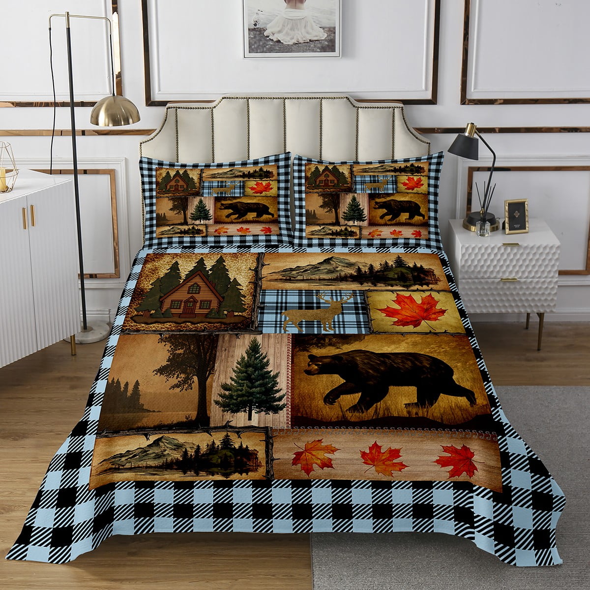 Buffalo Plaid King Bedspread Set,Rustic Bear Deer Wildlife Bedding Set ...