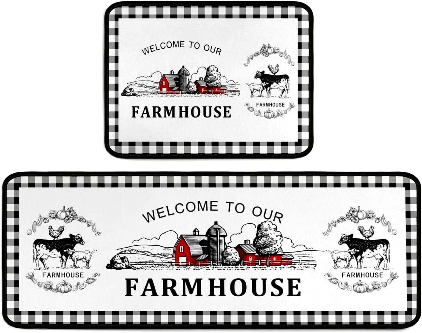 Buffalo Plaid Kitchen Rugs Rustic Decor Cow Set of 2, Black and White ...