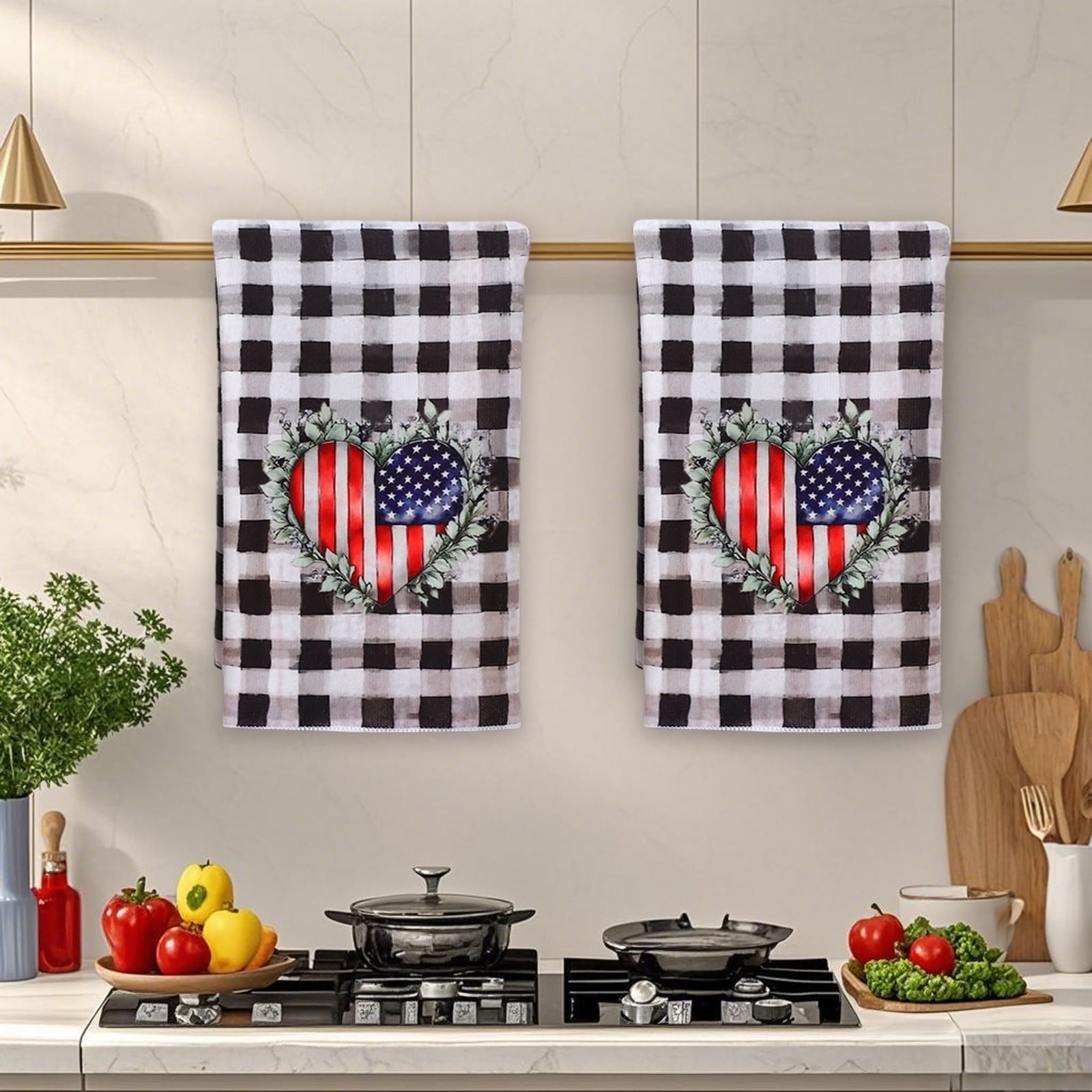 Buffalo Plaid Kitchen Towels, July 4th American Flag Kitchen Towels ...