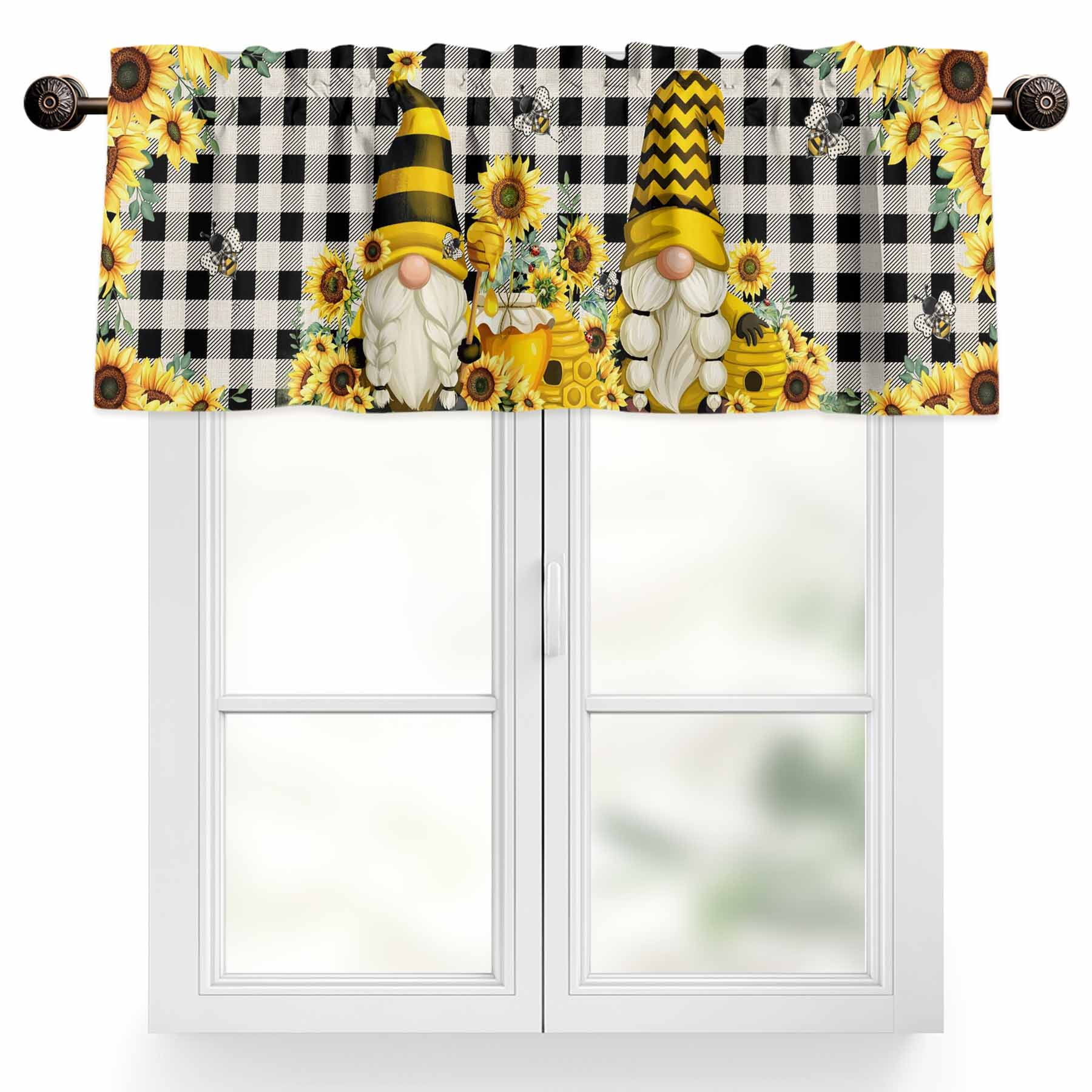 Buffalo Plaid Kitchen Valances for Windows Farmhouse Sunflower Bee ...