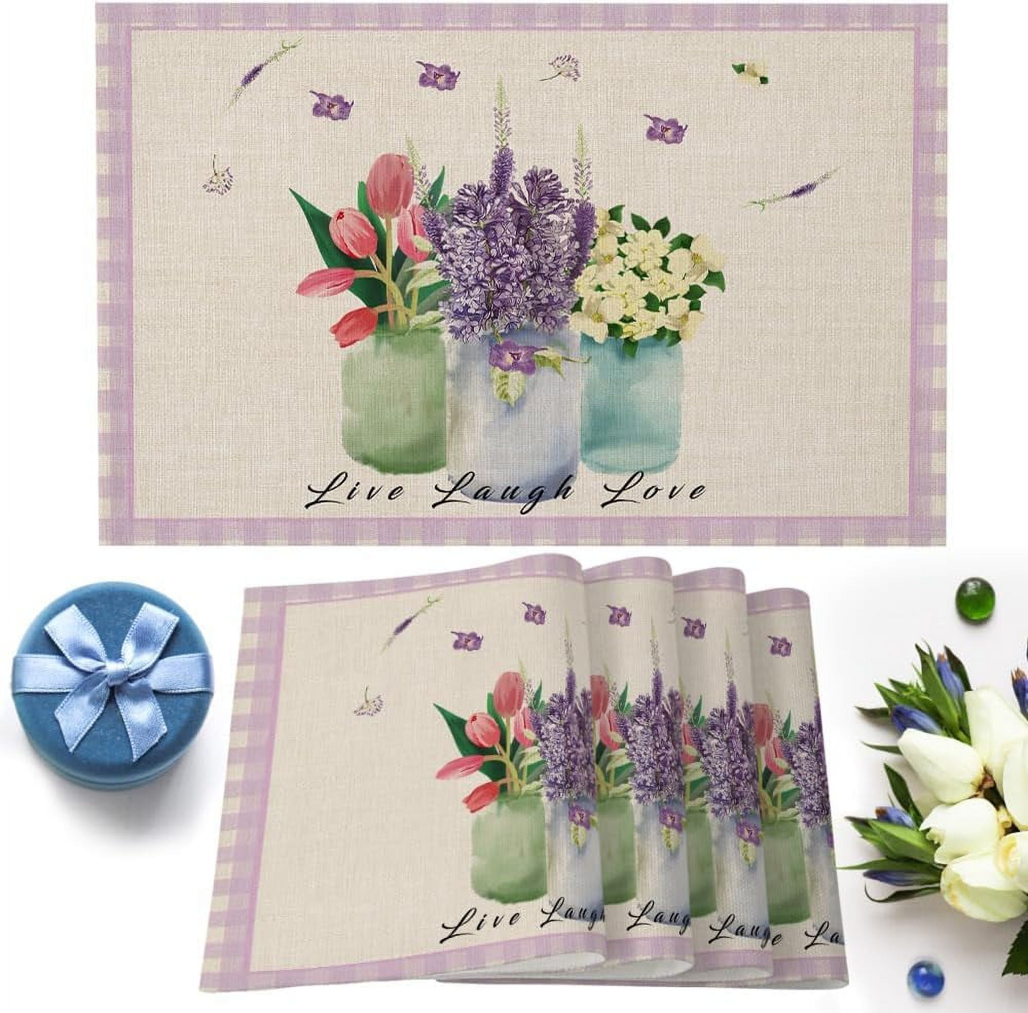 Buffalo Plaid Lavender Vase Indoor Placemats Set of 6, Spring Floral ...