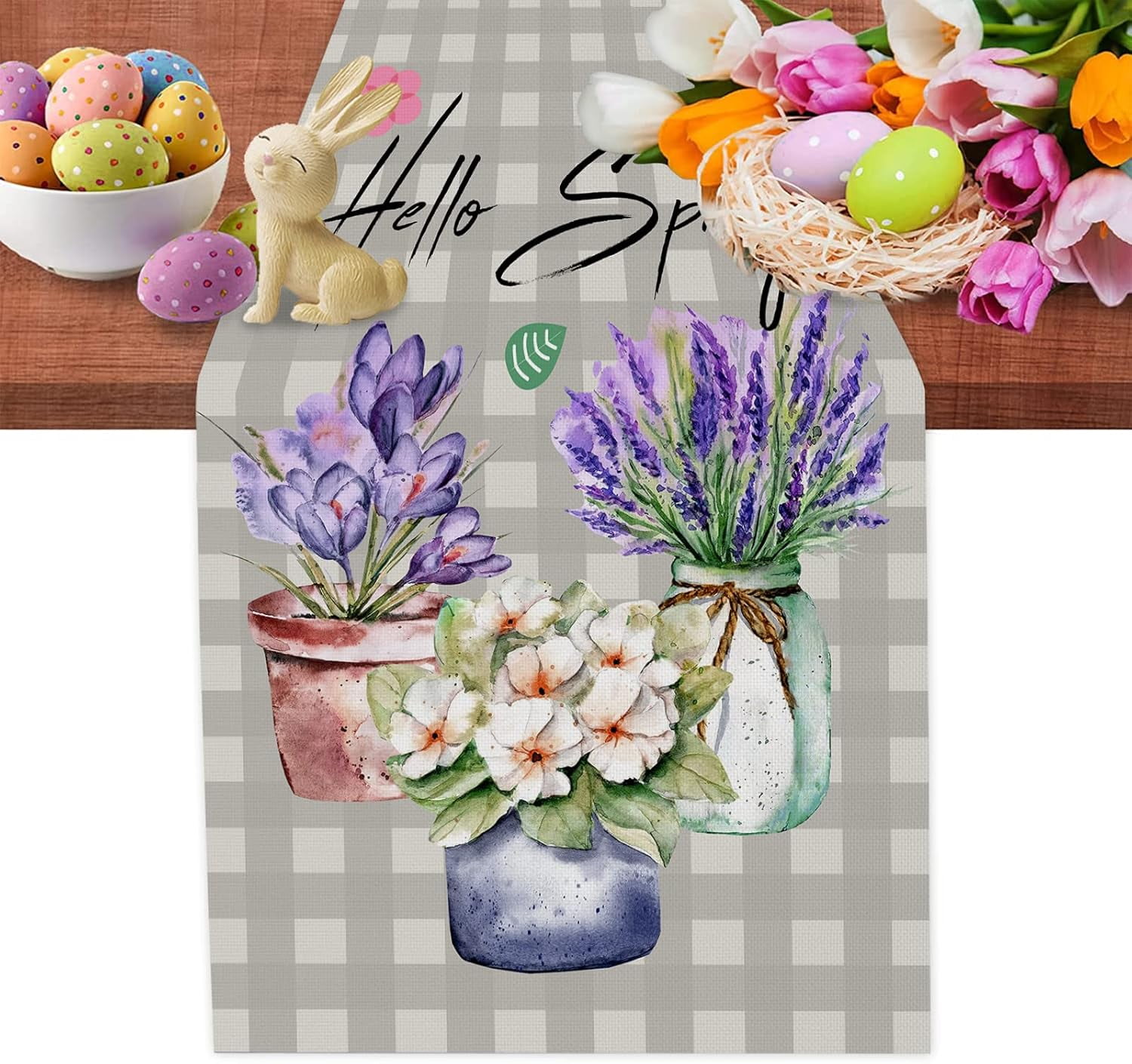 Buffalo Plaid Lavender Vase Table Runners Hello Spring Table Runner ...