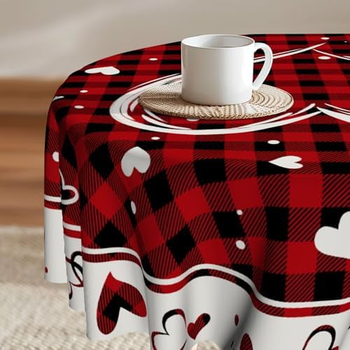 Buffalo Plaid Love Hearts Round Tablecloth 60 Inch Red Tabletop Cover ...