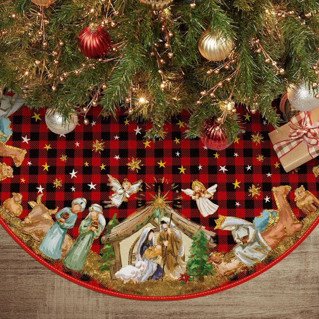 Buffalo Plaid Nativity Christmas Tree Skirt , Jesus Christian Winter ...