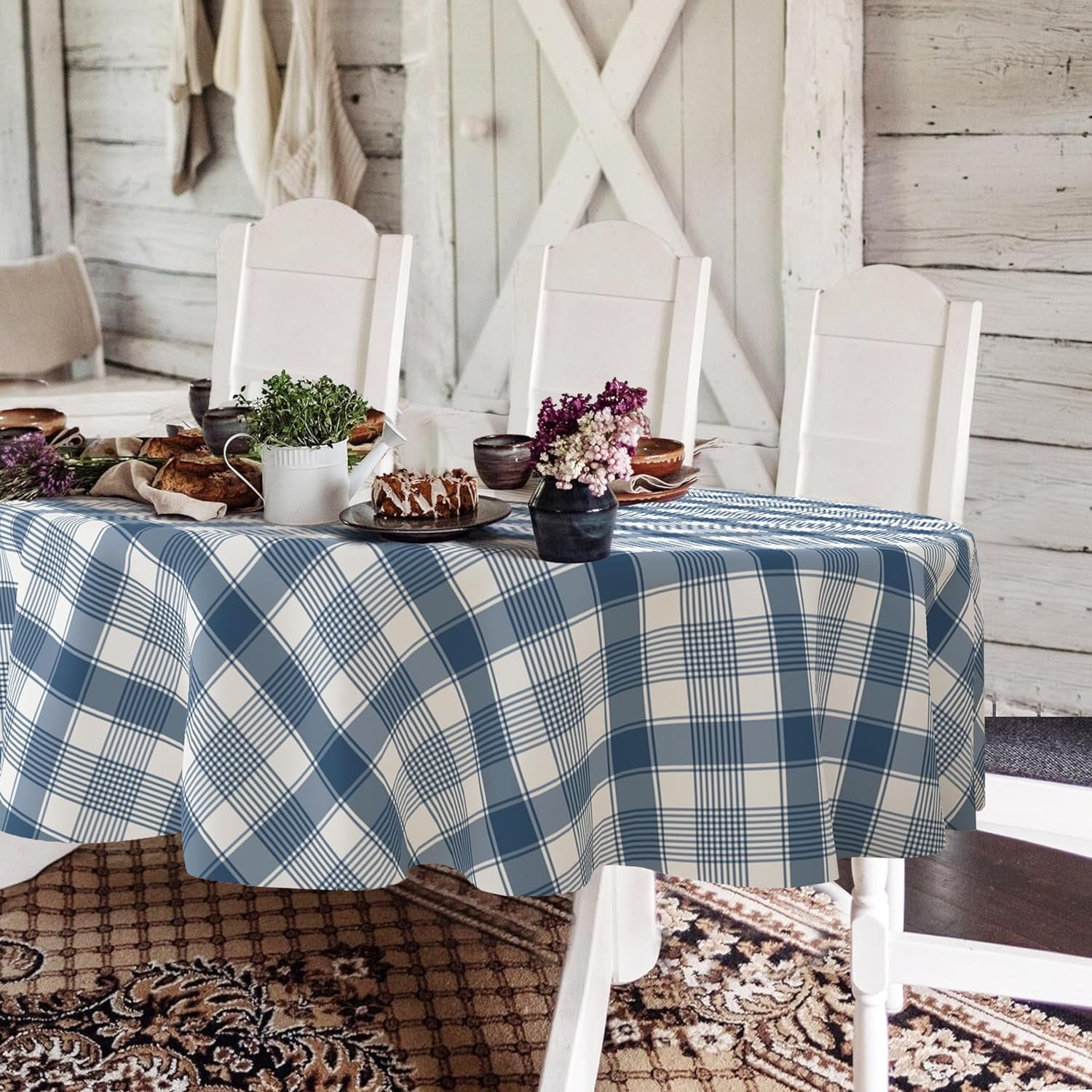 Buffalo Plaid Oval Tablecloth 60x84 Inch, Blue and White Country ...