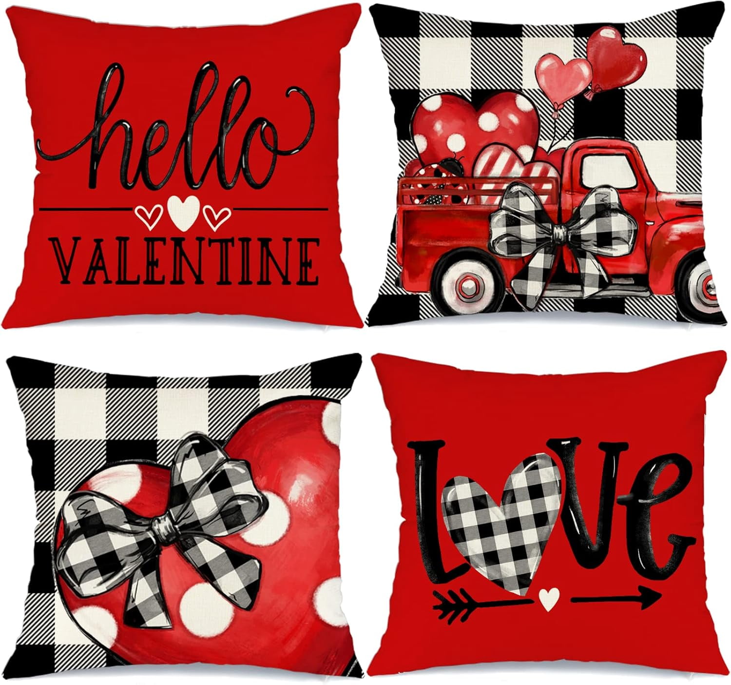Buffalo Plaid Pillow Covers 20x20 Set of 4 Polka Dot Red Heart with Bow ...