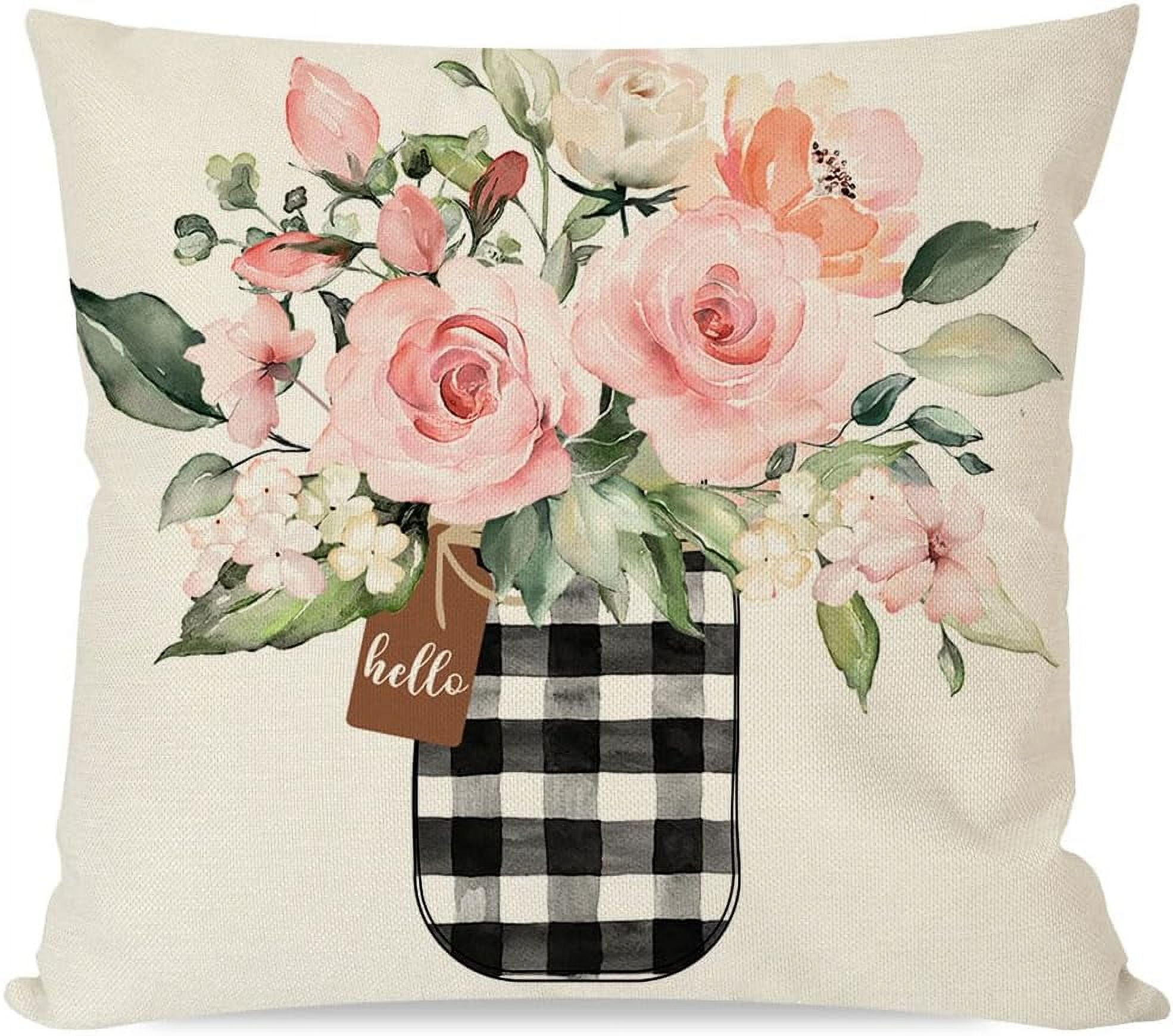 Buffalo Plaid Pink Floral Spring Throw Pillow Covers 18x18 Inch Flower ...