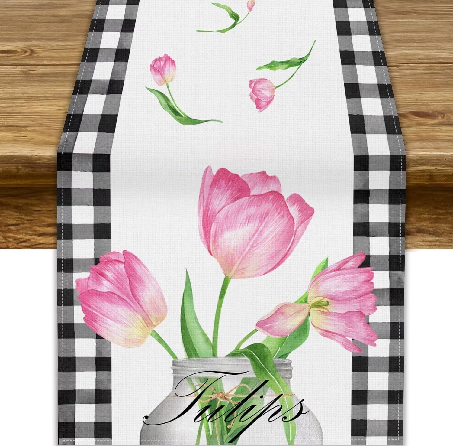 Buffalo Plaid Pink Tulips Vase Table Runner, Spring Summer Flowers ...