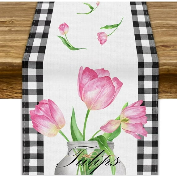 Buffalo Plaid Pink Tulips Vase Table Runner, Spring Summer Flowers ...