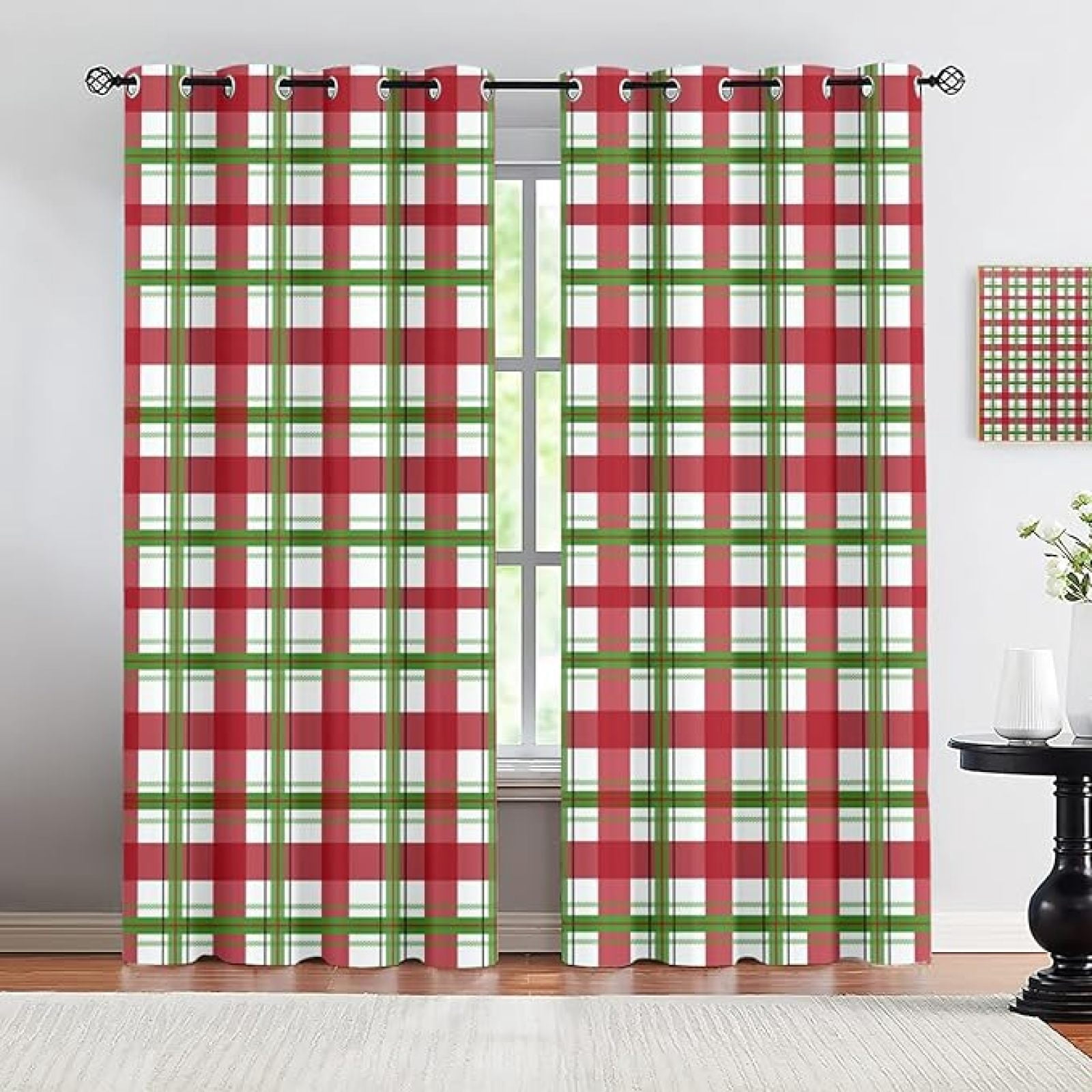 Buffalo Plaid Print Curtain, Green Red White Tartan Blackout Window ...