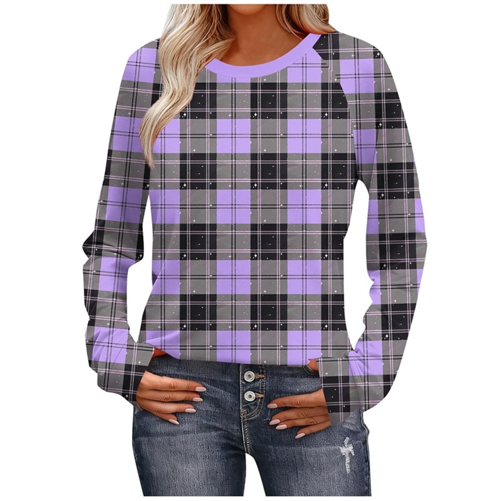 Buffalo Plaid Pullover Women's Round Neck Tops Casual Long Sleeve ...
