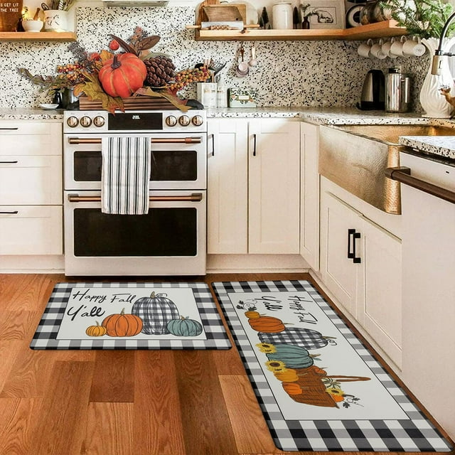 Buffalo Plaid Pumpkin Fall Kitchen Rugs Set of 2, Thick Kitchen Mats ...
