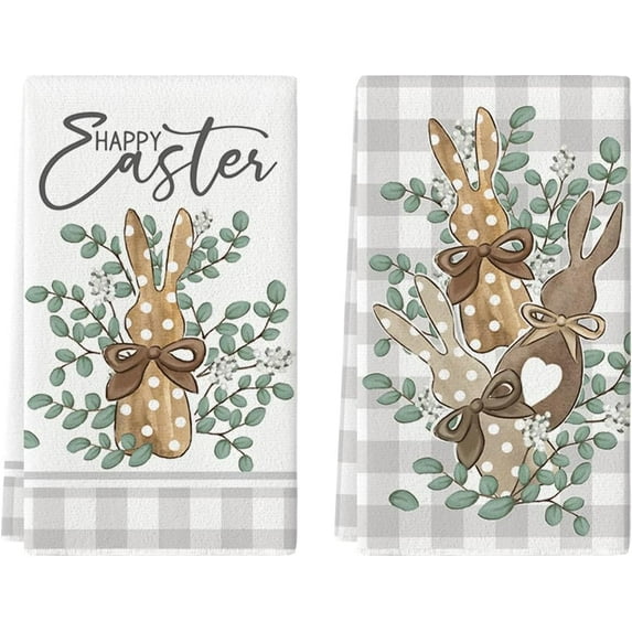 Buffalo Plaid Rabbit Bunny Eucalyptus Easter Kitchen Towels Dish Towels ...