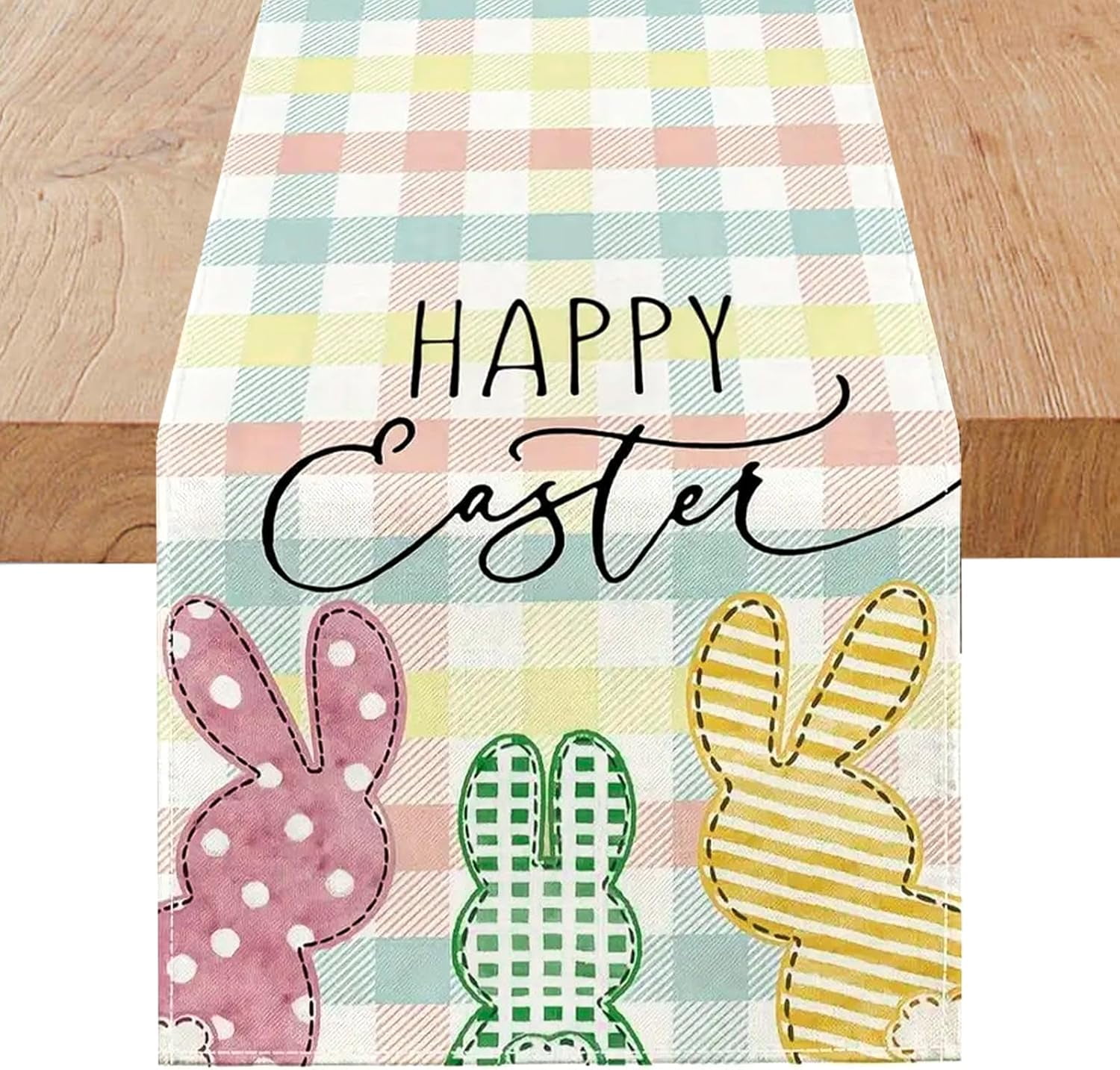 Buffalo Plaid Rabbit Bunny Happy Easter Table Runner, Check Stripes ...