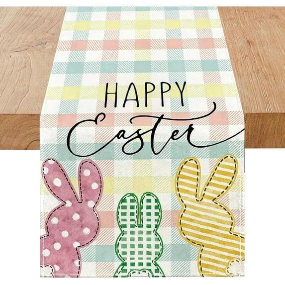 Buffalo Plaid Rabbit Bunny Happy Easter Table Runner, Check Stripes ...