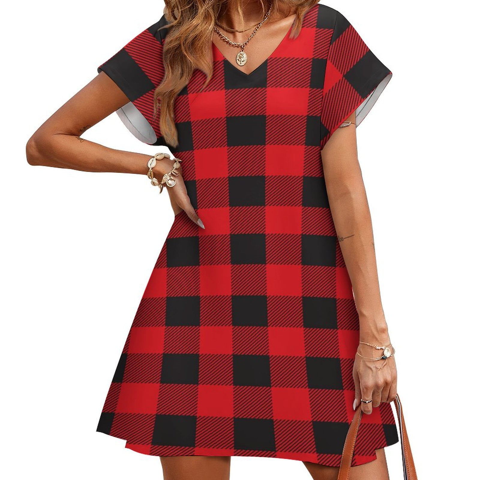 Buffalo Plaid Red Black Ladies Summer Short Sleeve Fashion Dress V Neck ...