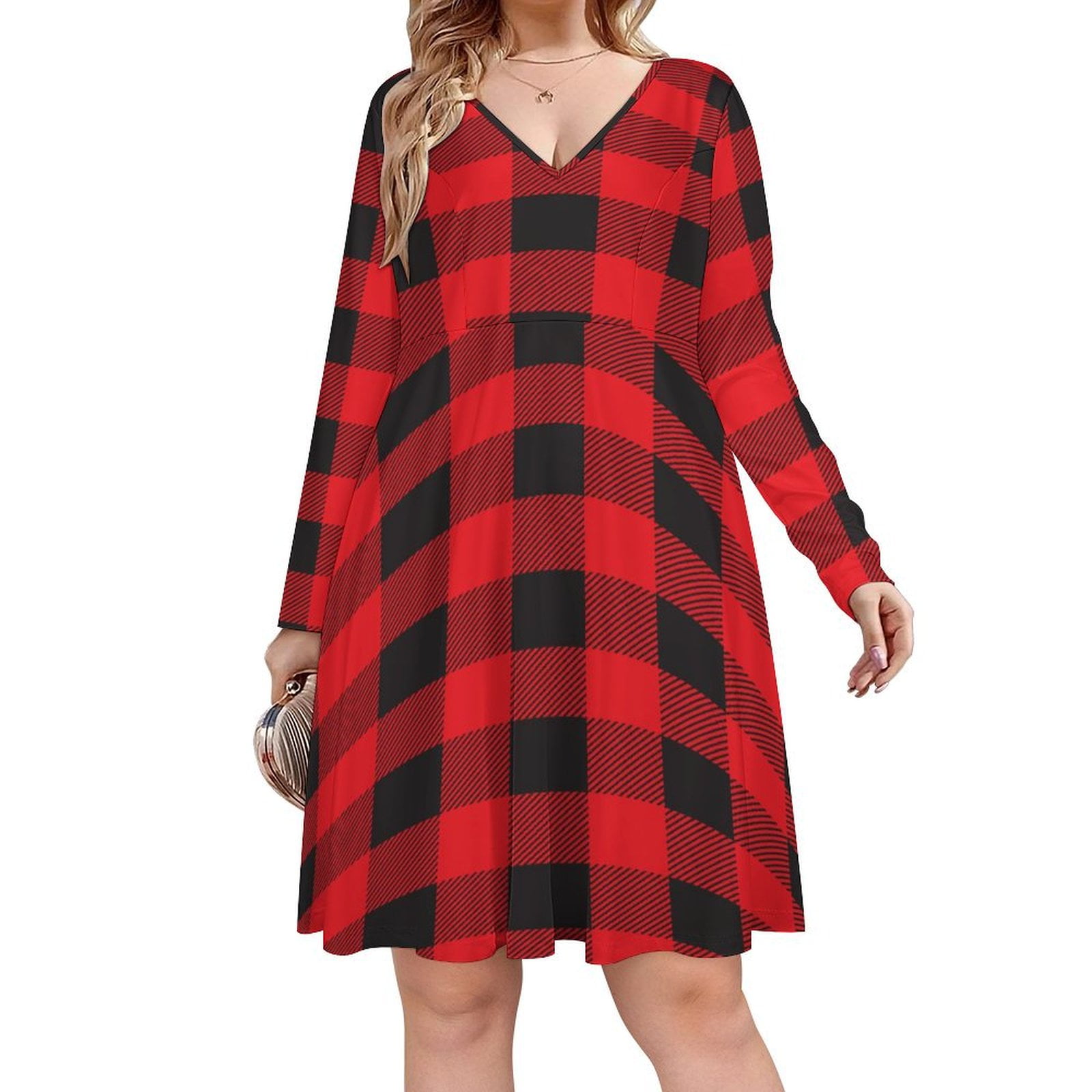 Buffalo Plaid Red Black Long Sleeve Dresses For Women Vintage Elegant ...