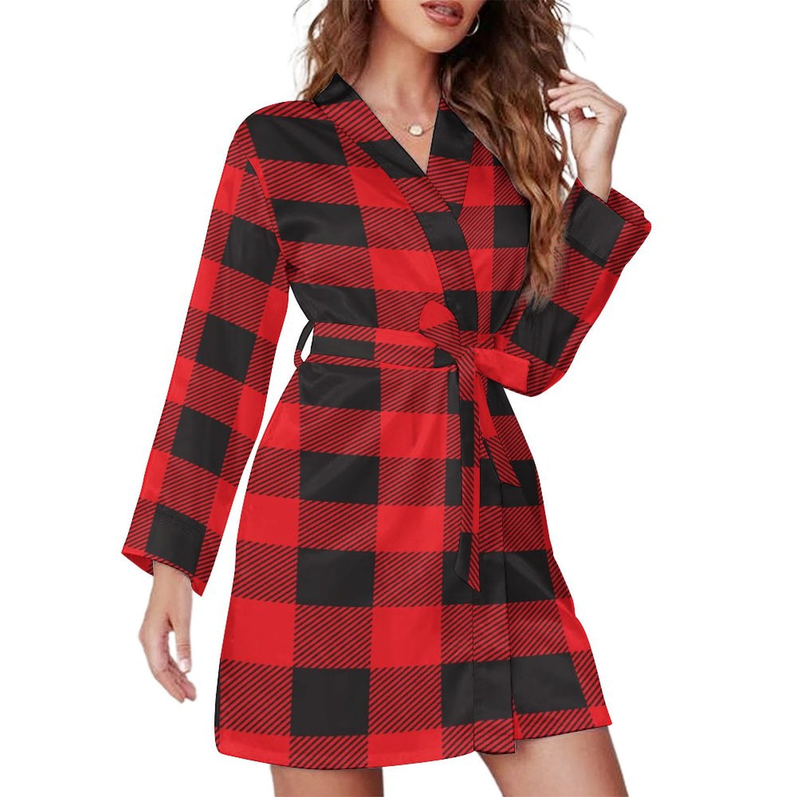 Buffalo Plaid Red Black Night Robe Long Sleeve V Neck Robe With Belt ...