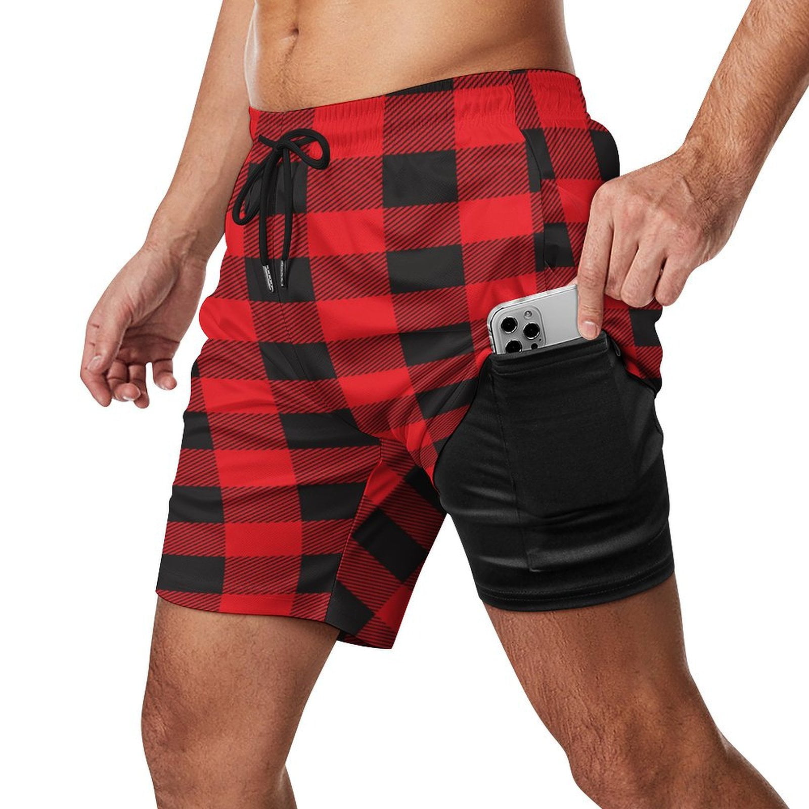 Buffalo Plaid Red Black Quick Dry Swimming Shorts For Men Swimwear ...