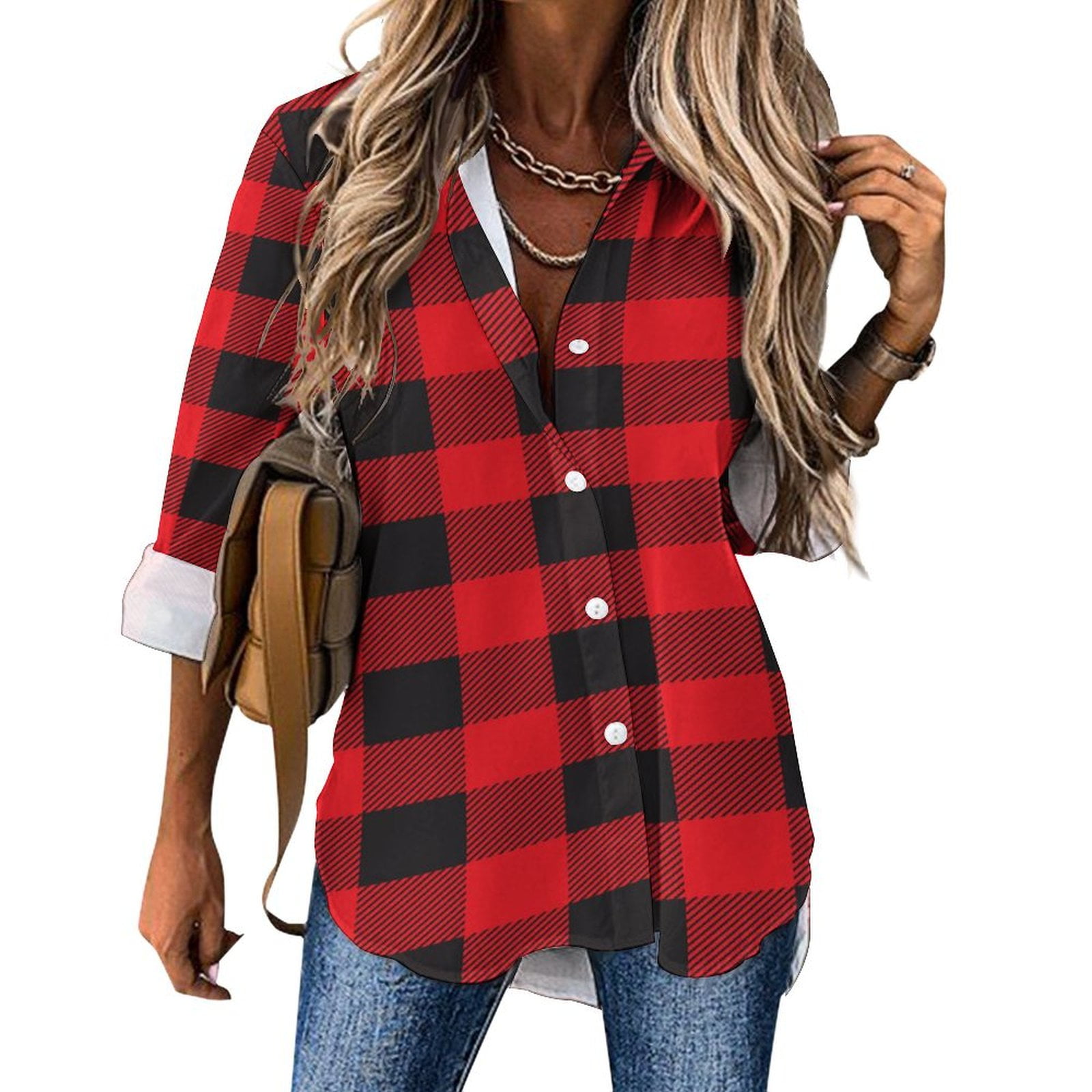 Buffalo Plaid Red Black Women's Button Down Long Sleeve Shirts ...