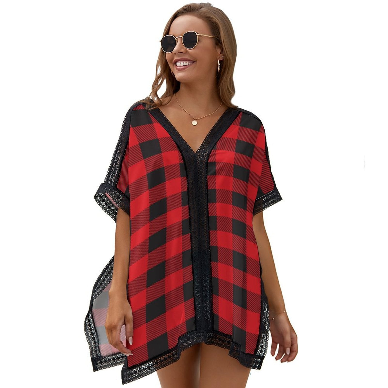 Buffalo Plaid Red Black Women's Swimsuit Coverup Summer Beach Cover Up ...