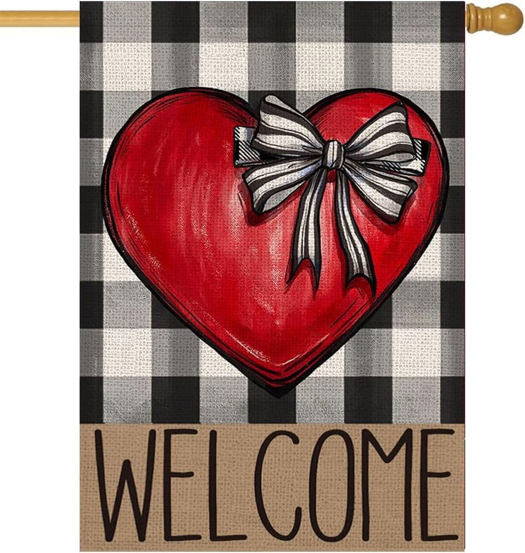 Buffalo Plaid Red Heart with Bow Valentines Welcome House Flag 28x40 ...