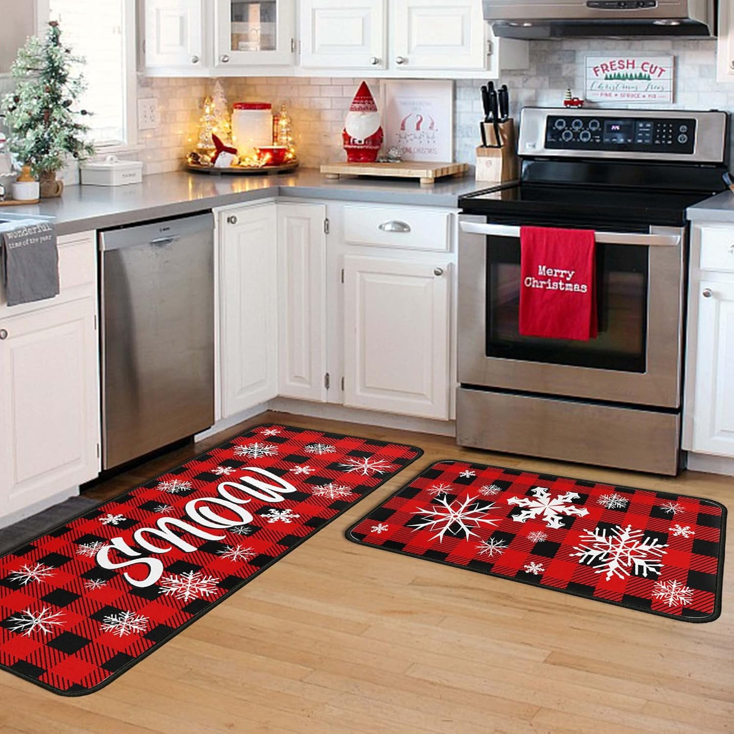 Buffalo Plaid Red Truck Christmas Kitchen Rugs 2 PCS, Merry Christmas ...