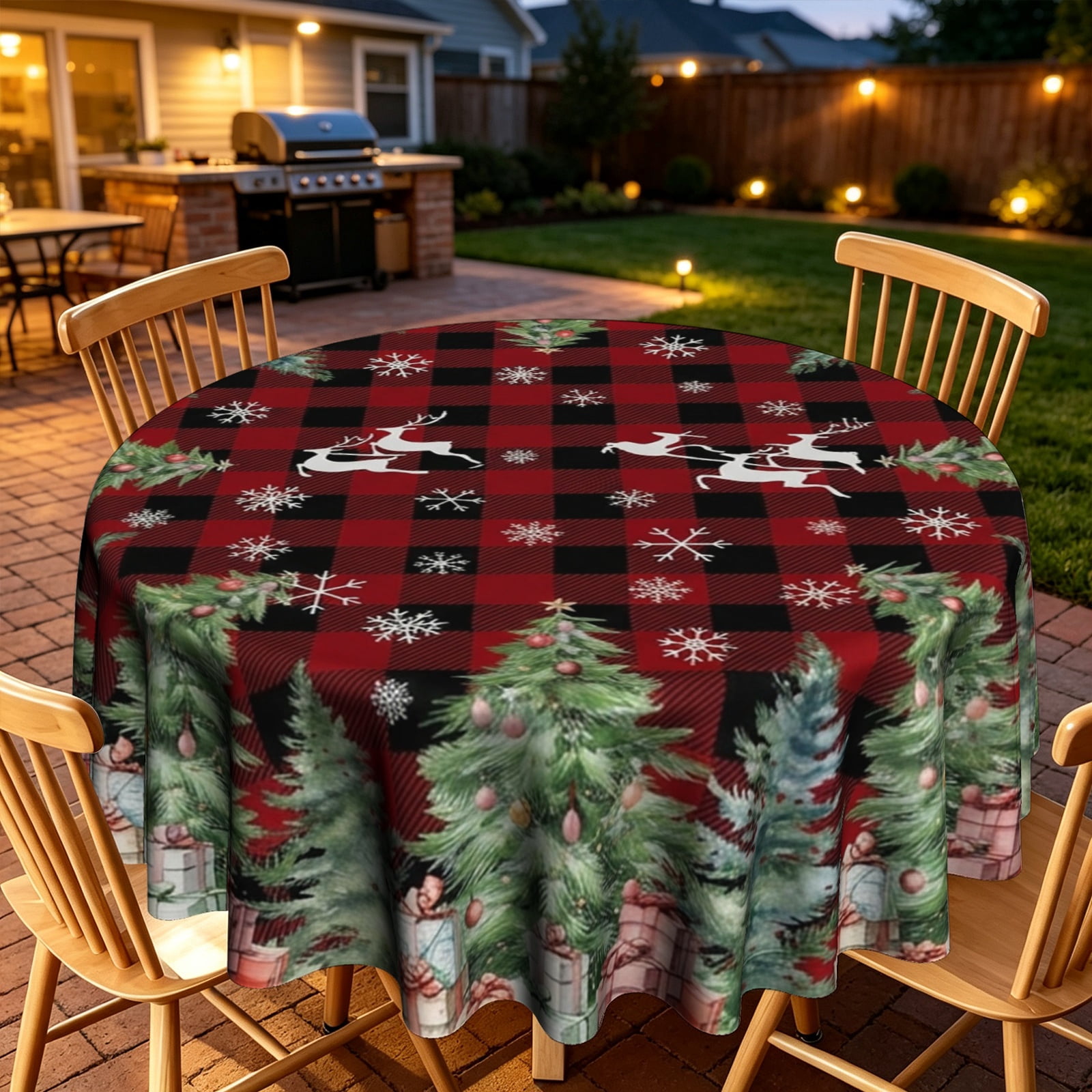 Buffalo Plaid Reindeer Pine Tree Border Pattern Round Tablecloth, Multi ...