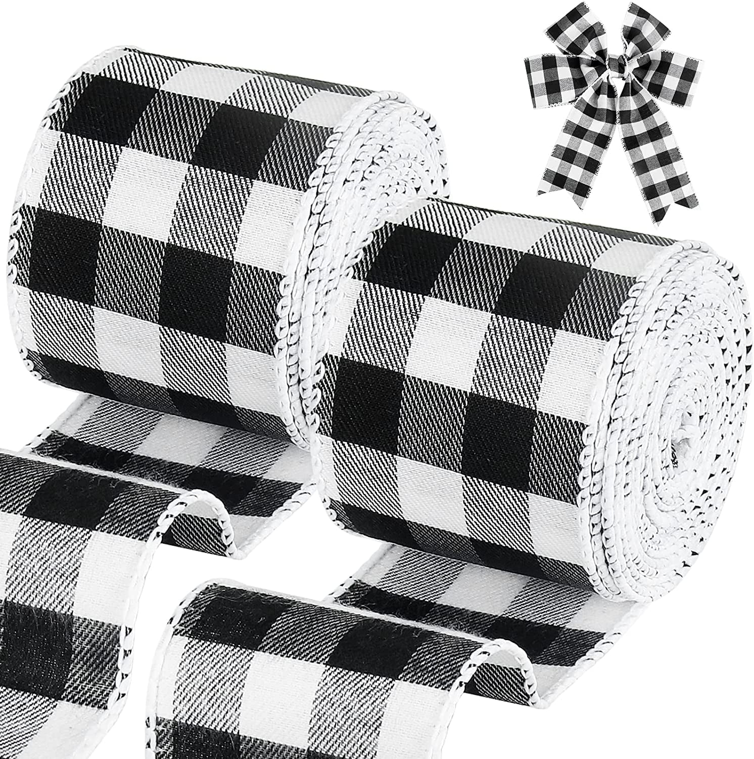 Buffalo Plaid Ribbons Wired Edges, 2 Rolls Black and White Checkered ...