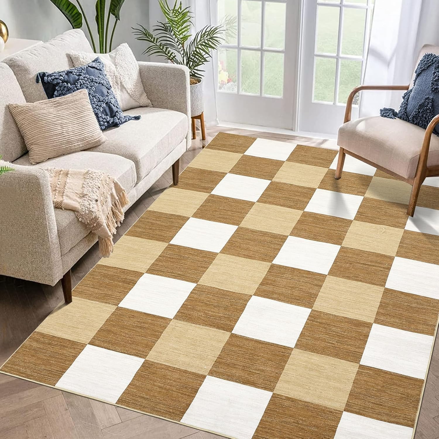 Buffalo Plaid Rug 9 x 12 Washable Rugs Brown Taupe & Cream Checkered ...