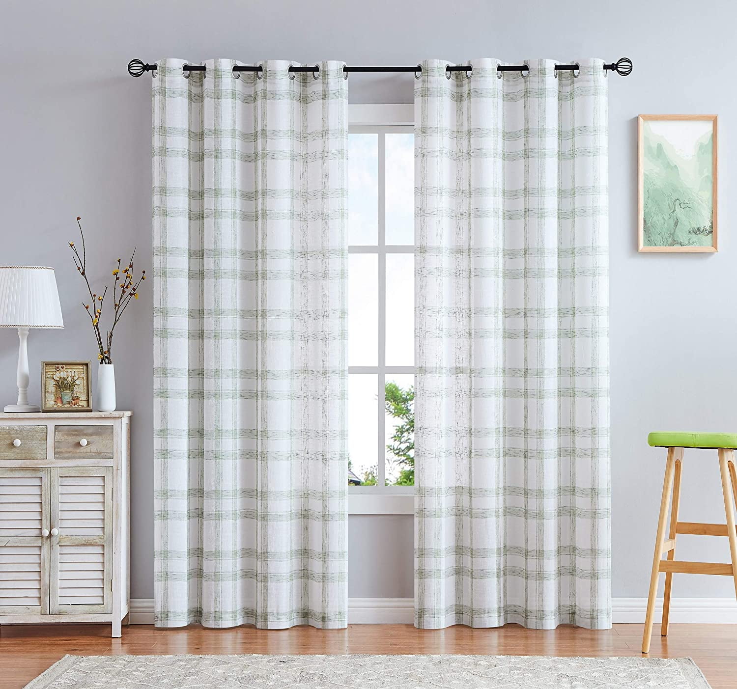 Buffalo Plaid Semi Sheer Curtains for Living Room Linen-Look Geometric ...