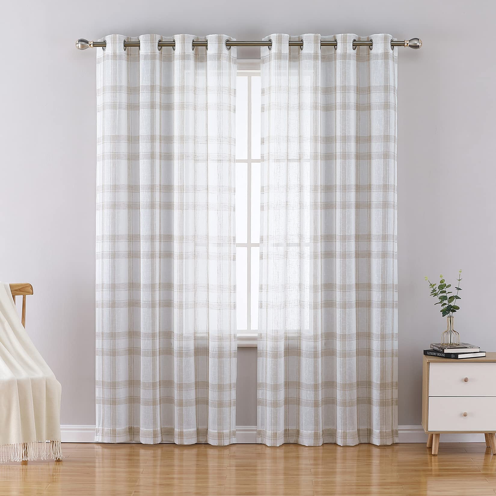 Buffalo Plaid Sheer Curtain Panels, Checked Voile Curtains Linen Semi ...