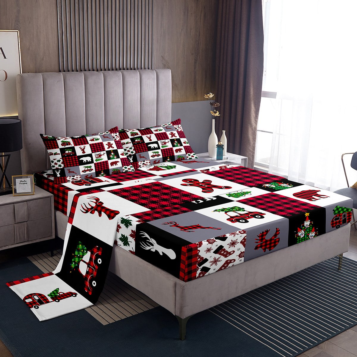 Buffalo Plaid Sheet Set Christmas Reindeer Bear Moose Bed Sheets Set ...