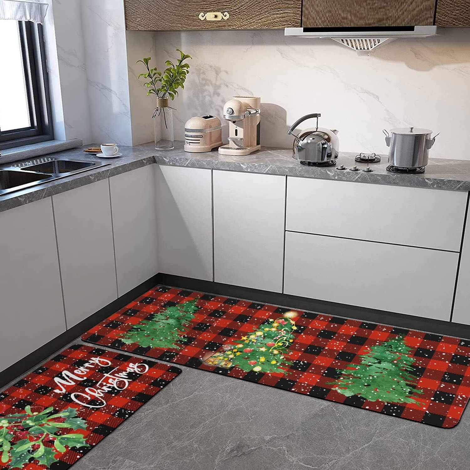 Buffalo Plaid Snowman Christmas Kitchen Rugs and Mats Set 2 Piece for ...