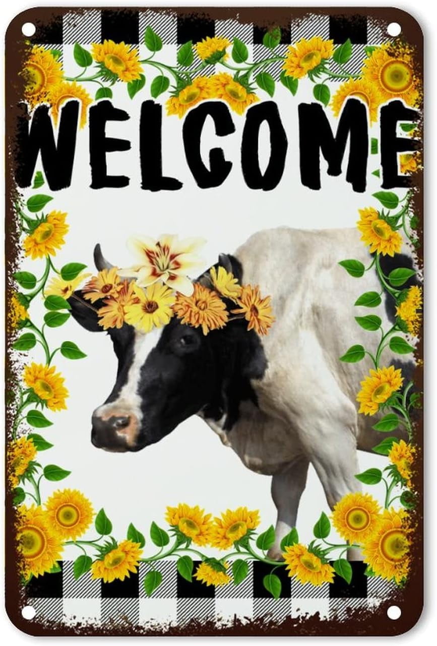 Buffalo Plaid Sunflower Flower Tin Metal Sign Farmhouse Sunflower Cow ...
