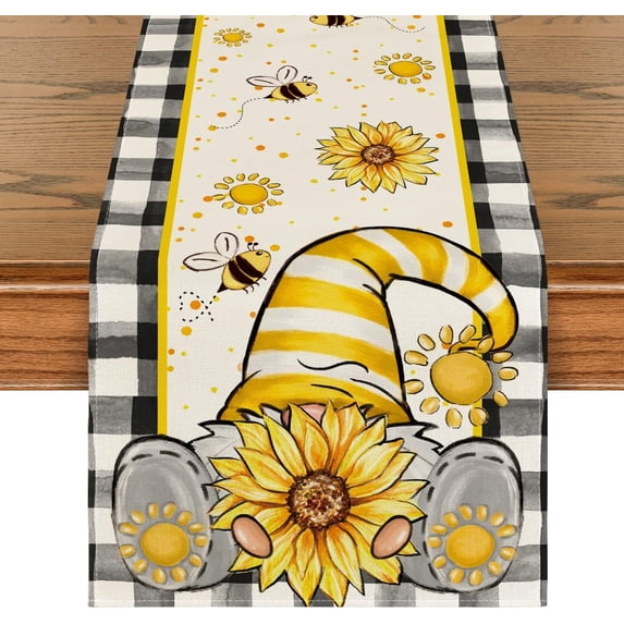 Buffalo Plaid Sunflower Gnome Bee Summer Table Runner, Seasonal Spring ...