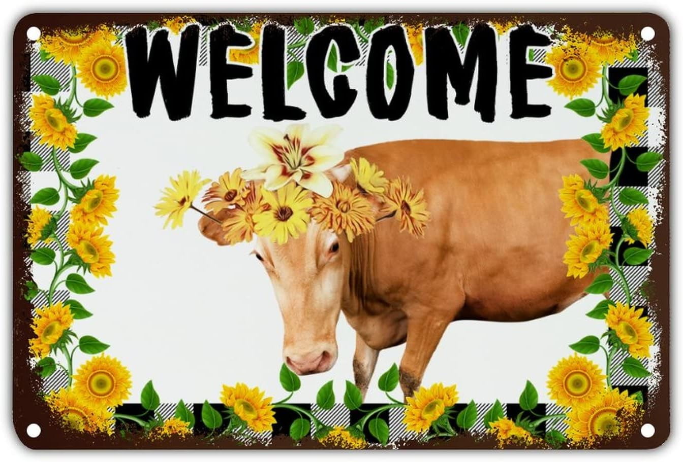 Buffalo Plaid Sunflower Wreath Tin Sign Spring Sunflower Cow Welcome ...