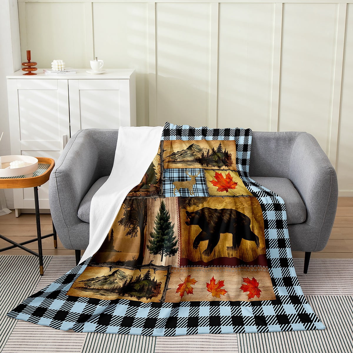 Buffalo Plaid Throw Blanket,Rustic Bear Deer Wildlife Fleece Blanket ...