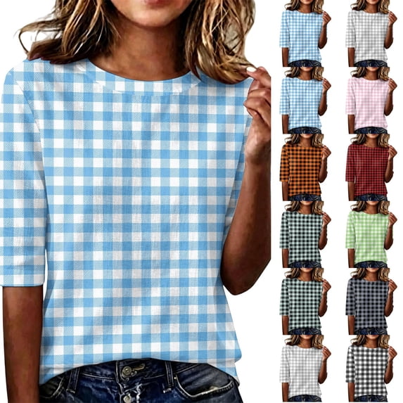 Buffalo Plaid Top for Women, Crew Neck Half Sleeve Loose Tunic ...