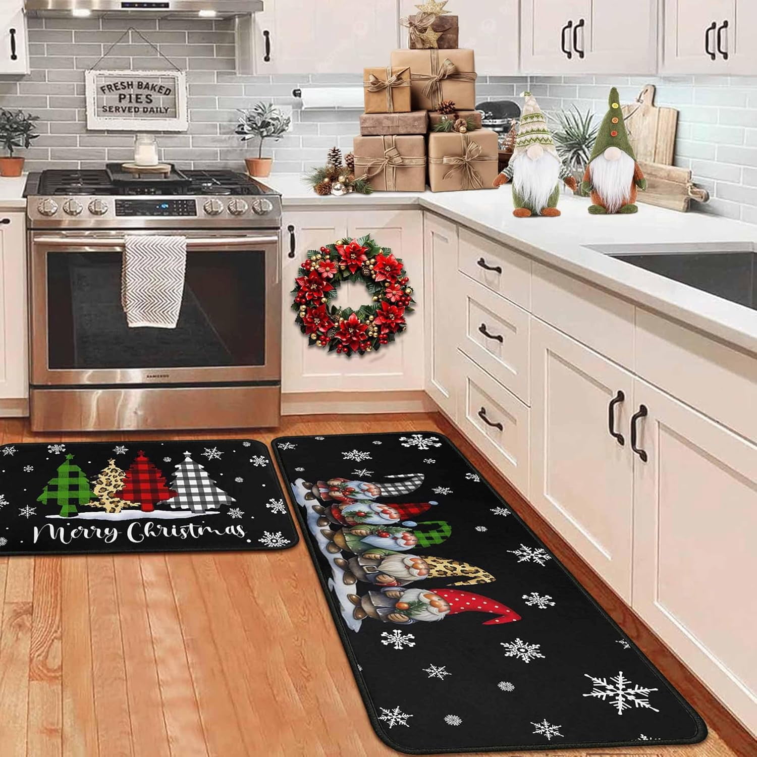 Buffalo Plaid Tree Gnomes Black Merry Christmas Kitchen Rugs Set of 2 ...