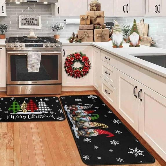 Buffalo Plaid Tree Gnomes Black Merry Christmas Kitchen Rugs Set of 2 ...