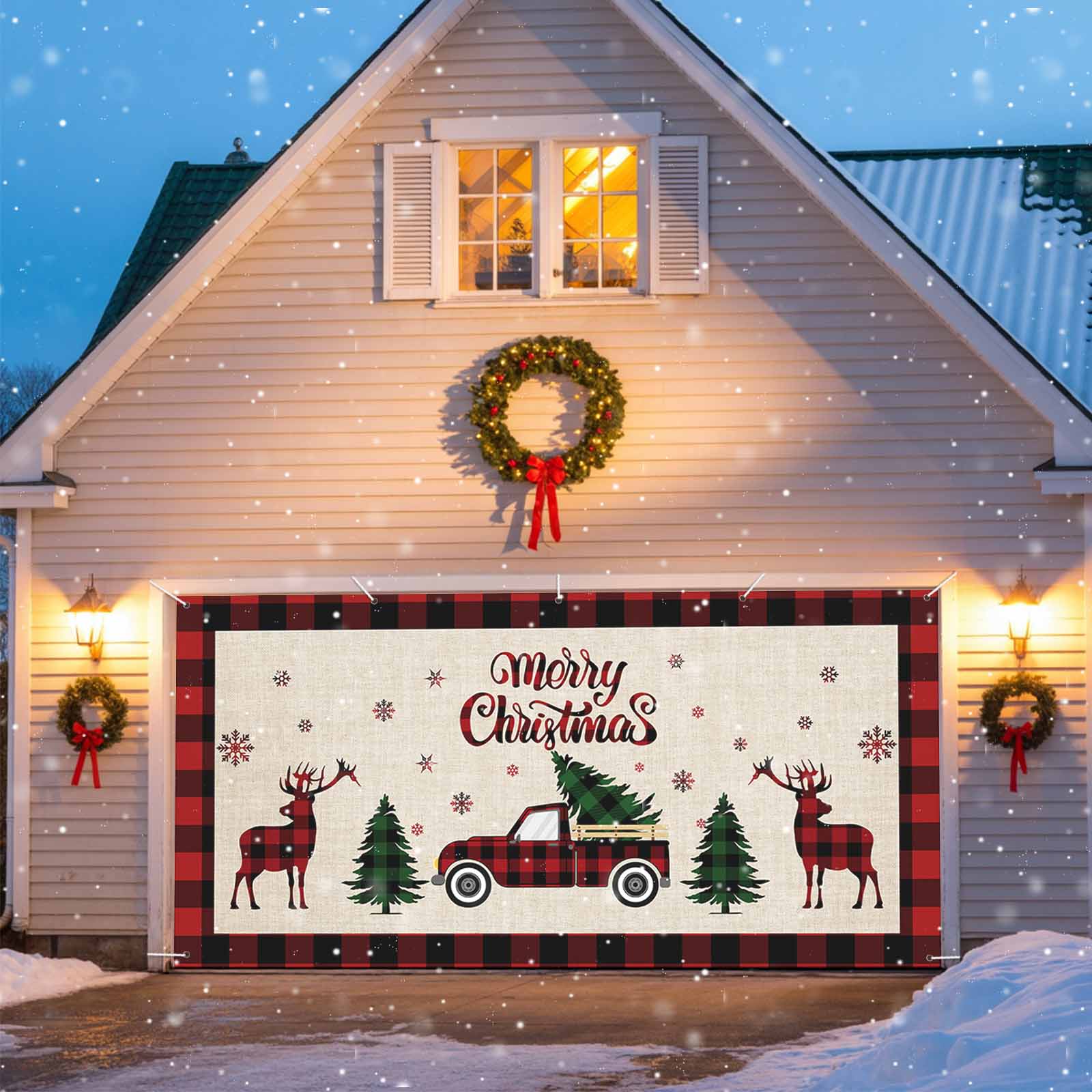 Buffalo Plaid Truck Holly Tree Christmas Garage Door Decorations, 6 ...