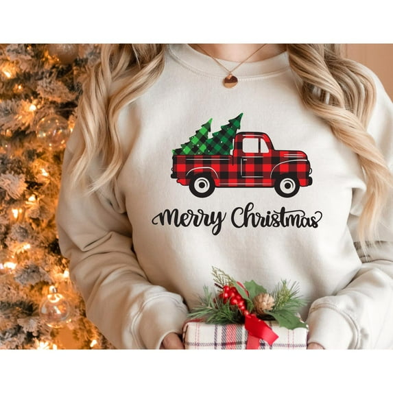 Buffalo Plaid Truck Sweatshirt, Winter Holiday Truck Shirt, Winter ...